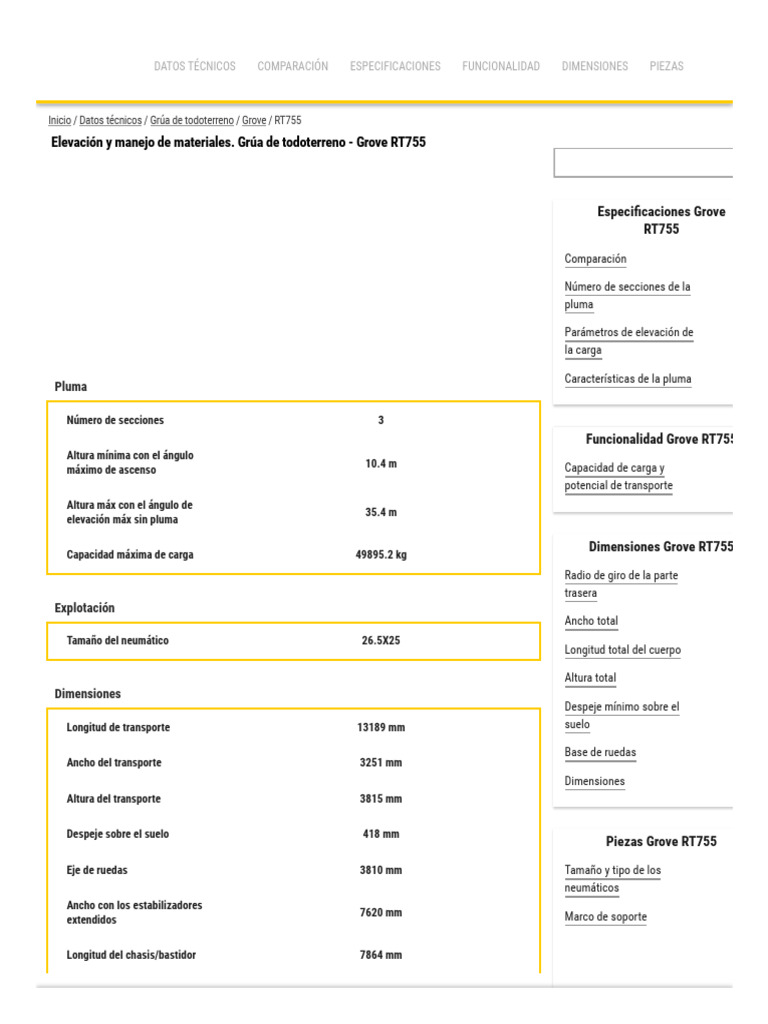 Ficha Técnica de Grove RT755 50 TN | PDF | Vehículos | Vehículo de motor