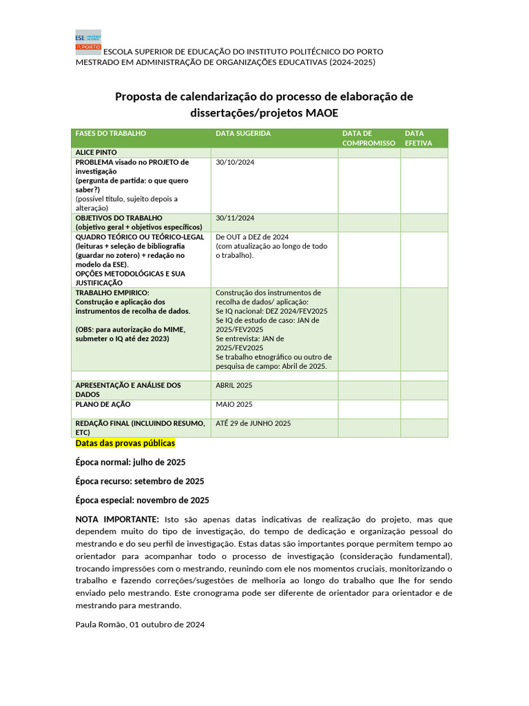 Cronograma de Dissertações MAOE 2024-2025 | PDF
