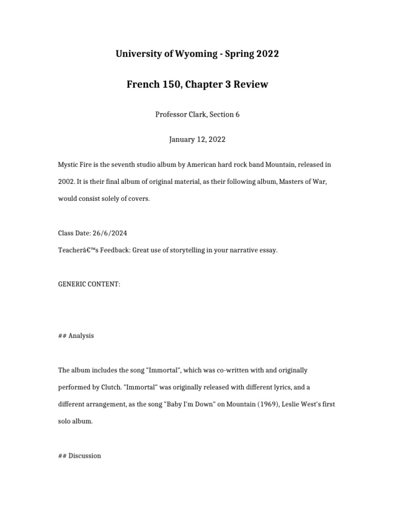 French 150 Chapter 3 Review | PDF | Rock Music