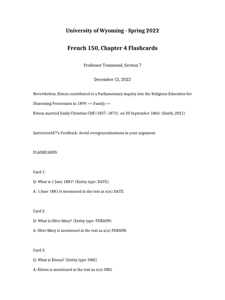 French 150 Chapter 4 Flashcards | PDF