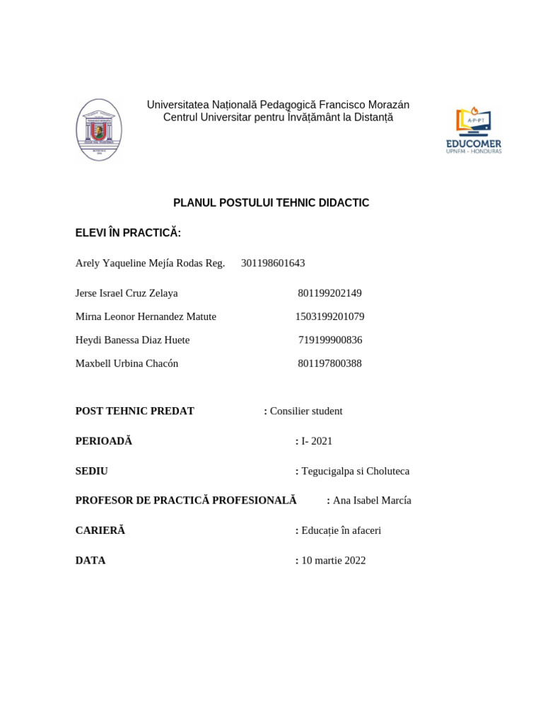 Plan de Sarcini Tehnice pentru Consilierul Didactic | PDF