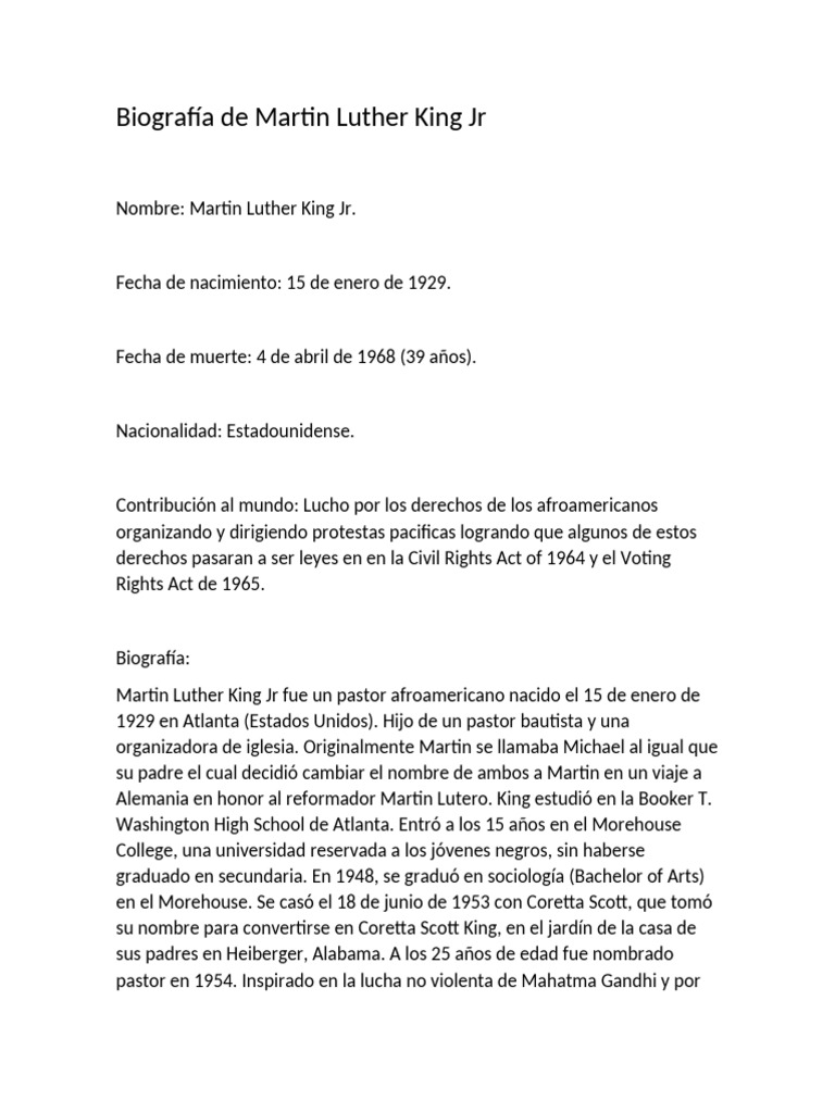 Biografía de Martin Luther King Jr. | PDF | Martin Luther King hijo.
