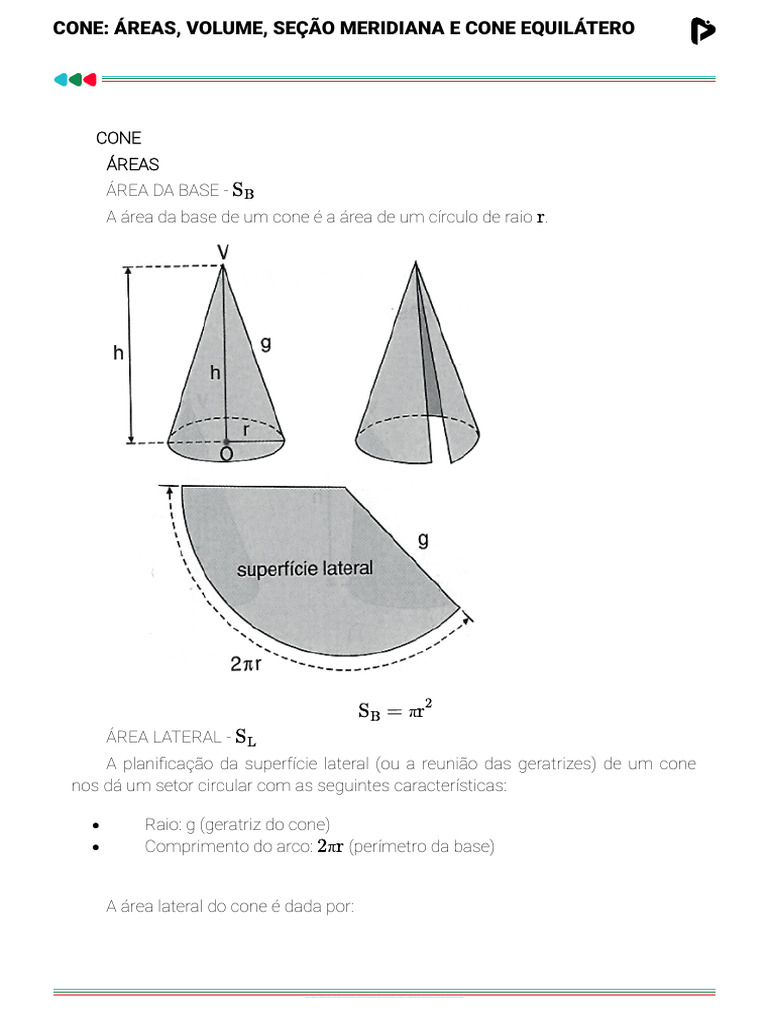 Cone - Áreas, Volume, Seção Meridiana e Cone Equilátero | PDF ...