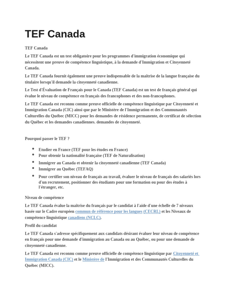 Test de français pour immigration Canada | PDF