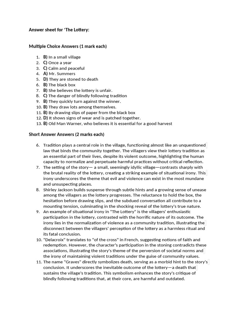 The Lottery: Key Symbolism & Answers | PDF