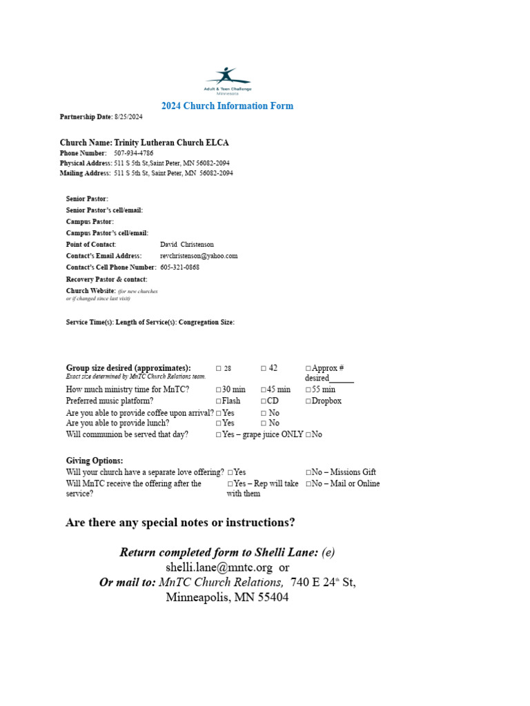 2024 Church Information Form: Are There Any Special Notes or ...