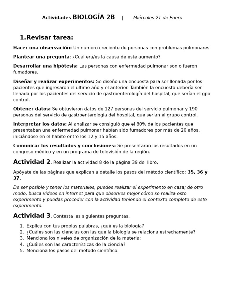Actividades BIOLOGÍA 2B Miercoles 22 Enero | PDF