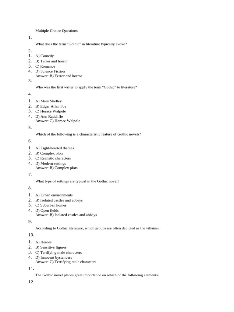 Multiple Choice Questions For Gothic Literature | PDF | Gothic Fiction ...