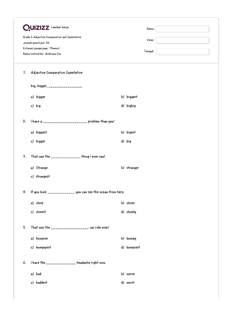 Grade 5 Adjective Comparison Worksheet | PDF