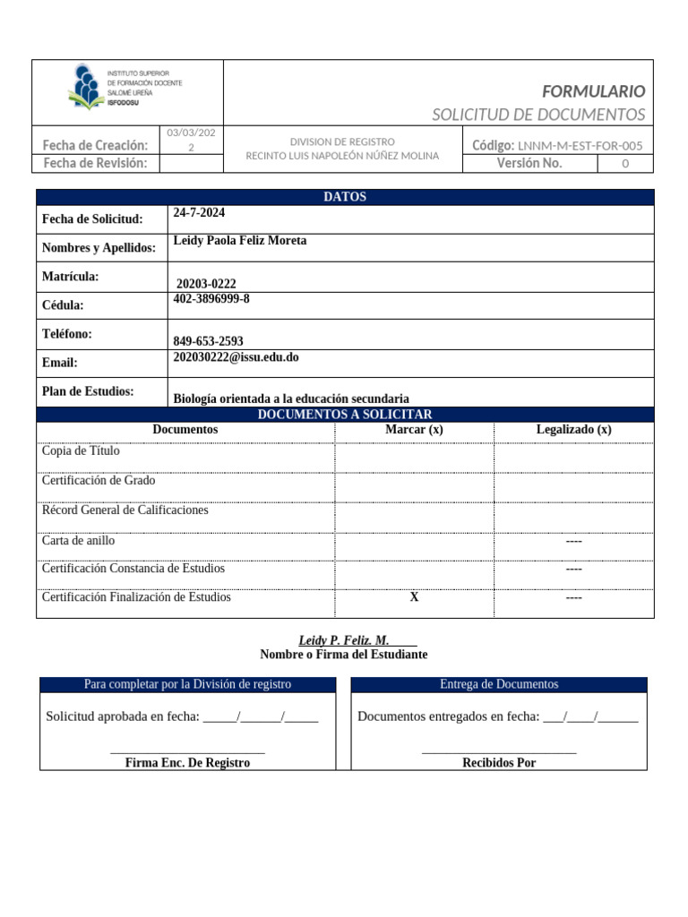 LNNM M EST For 005 Formulario Solicitud de Documentos | PDF