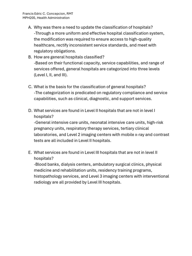 Hospital Classification Explained | PDF