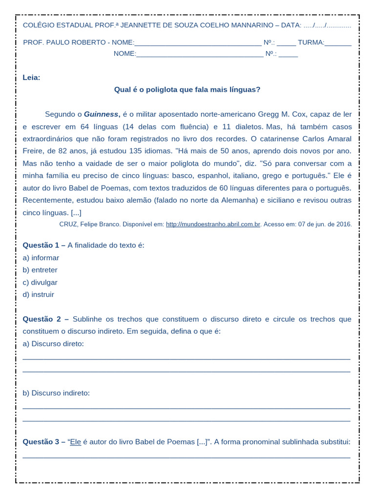 Atividade-Discurso-Direto-e-Indireto | PDF