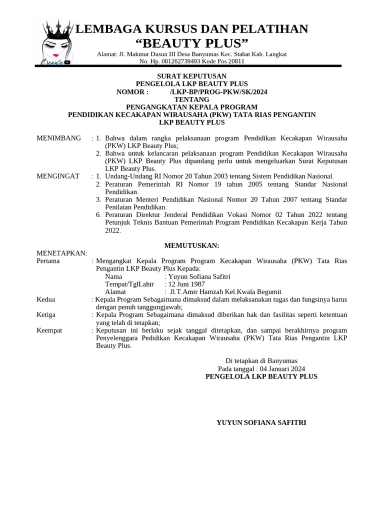 SK PENGELOLA LKP BEAUTY PLUS | PDF