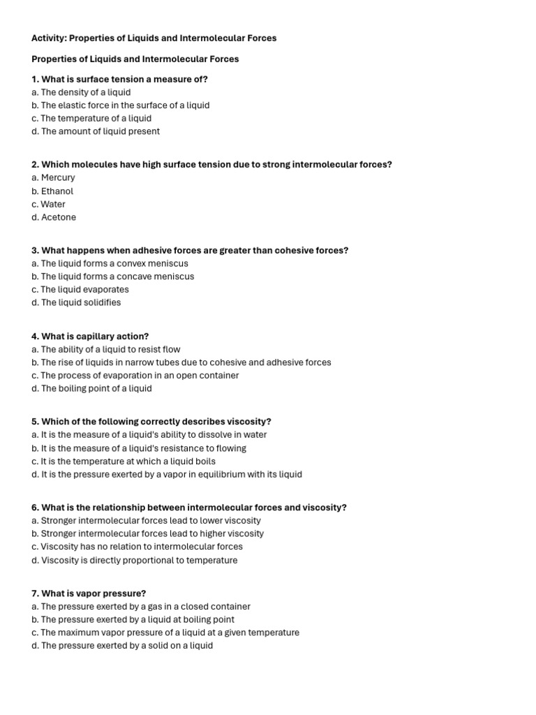 Activity Properties of Liquids and Intermolecular Forces | PDF ...