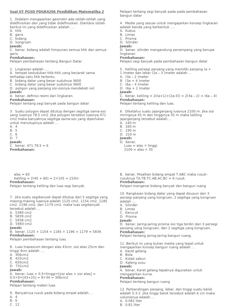 Soal UT PGSD PDGK4206 Pendidikan Matematika 2 | PDF