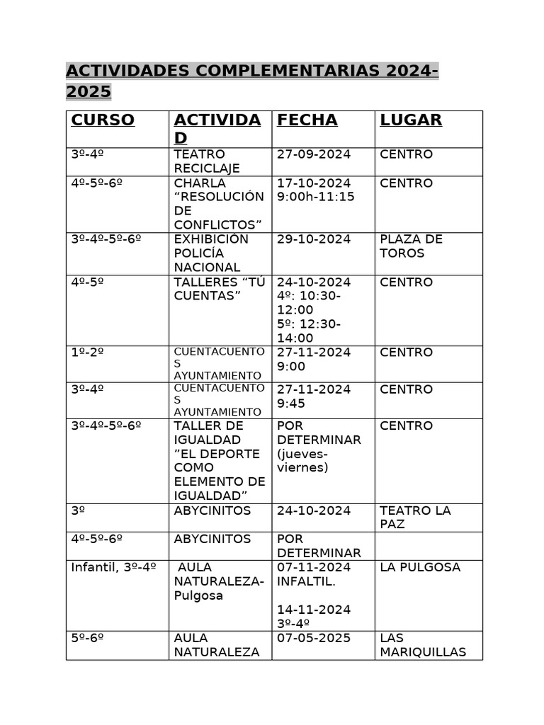 Actividades Escolares 2024-2025 | PDF