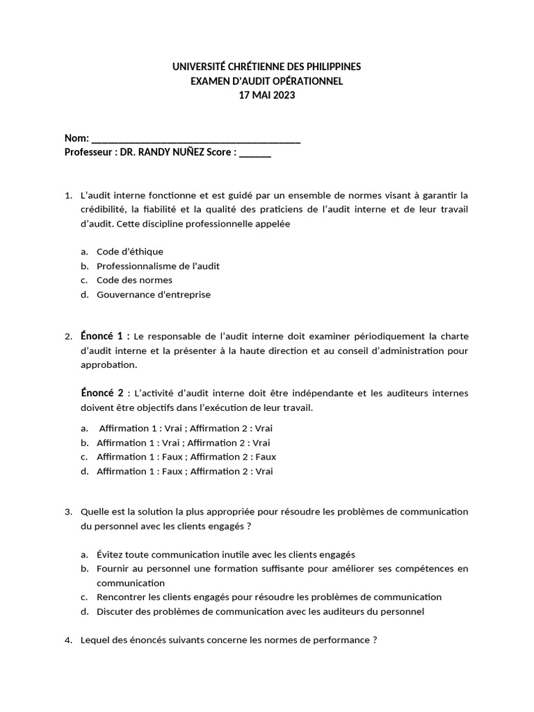 Examen d'audit opérationnel | PDF | Audit | Audit interne