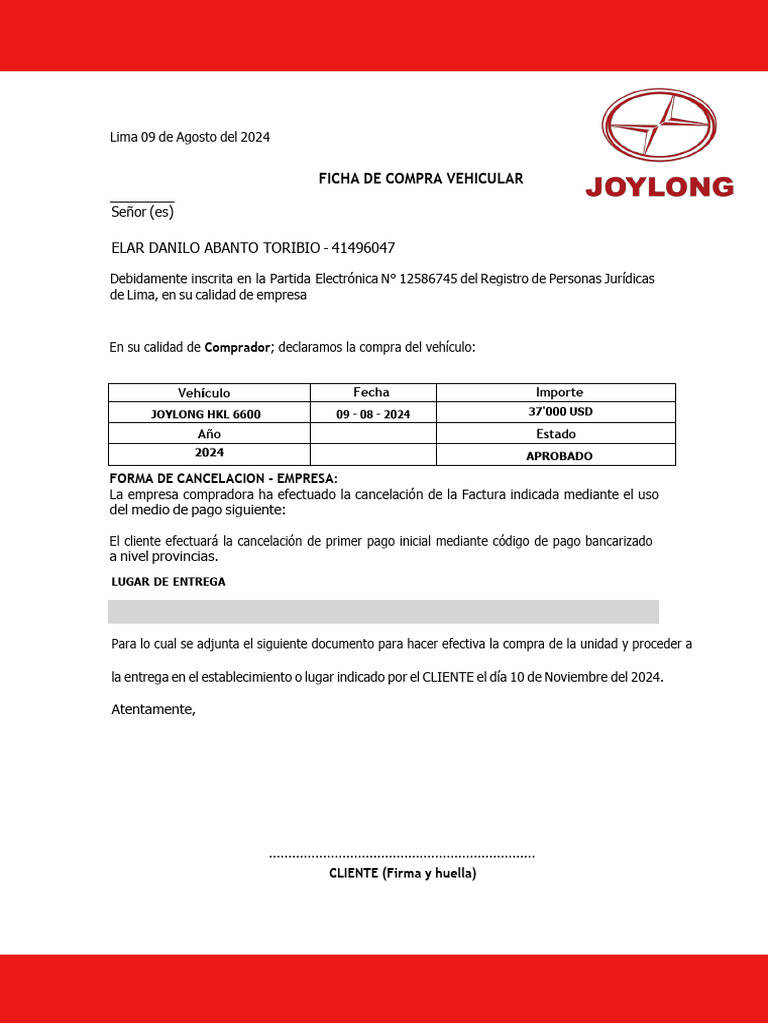 Orden Compra JOYLONG 0908 | PDF