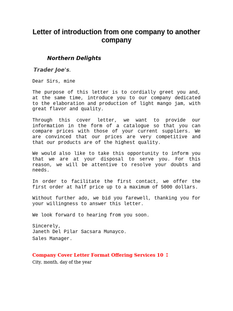 Presentation Letter From One Company To Another Company. | PDF