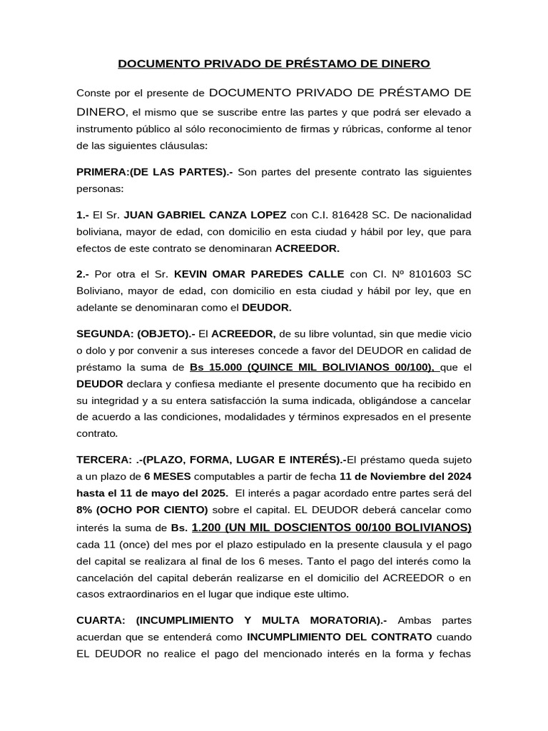 DOCUMENTO PRIVADO DE PRESTAMO DE DINERO (JUAN Y KEVIN) | PDF | Pagos