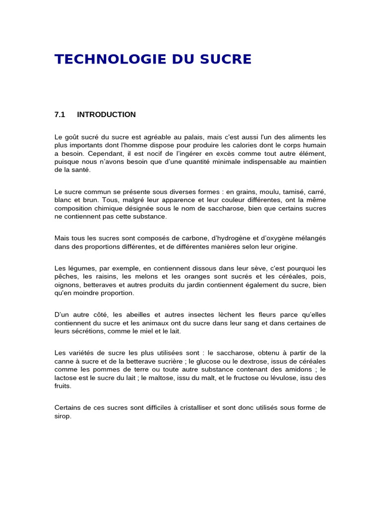 chapitre 7 - TECHNOLOGIE DU SUCRE | PDF | Sucre | Régime et nutrition