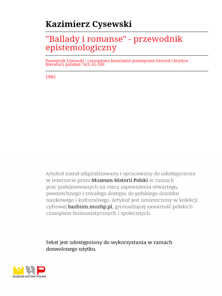 Ballady I Romanse Jako Przewodnik Epistemologiczny | PDF