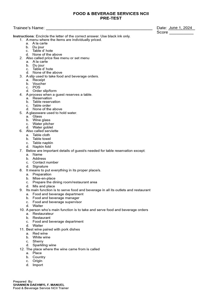 Pre-post Test Fbs Ncii | PDF | Restaurants | Menu