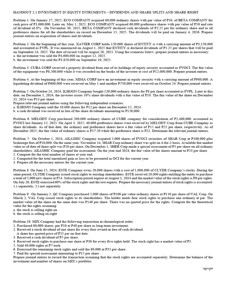 Equity Investment Journal Entries Guide | PDF | Stocks | Dividend