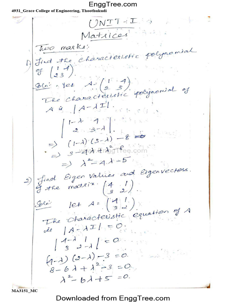 MA3151 Matrices and Calculus Two Mark Questions 3 (1) | PDF