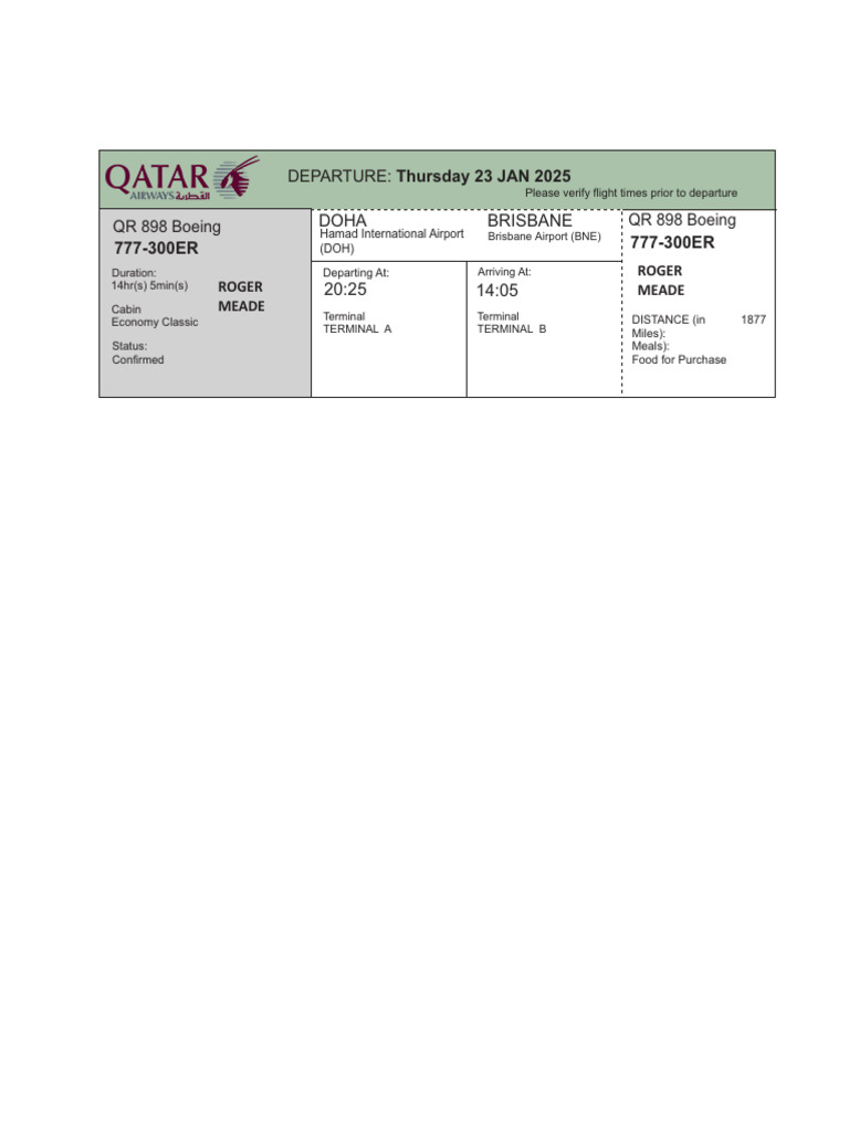 QR 898 Flight Details and Boarding Pass | PDF