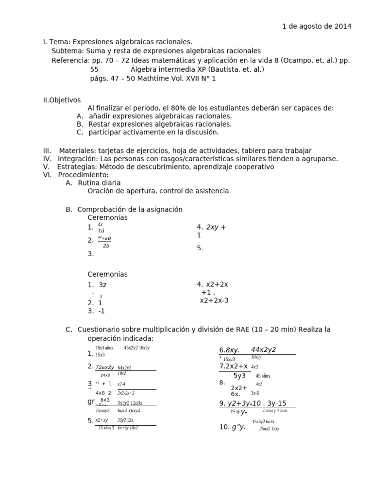 LP sobre la Suma y Resta de Expresiones Algebraicas Racionales | PDF | Sustracción | Número racional