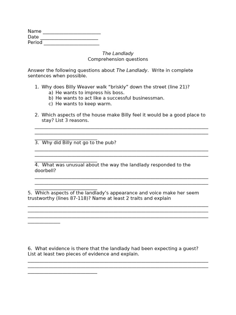 The Landlady Comprehension Questions | PDF