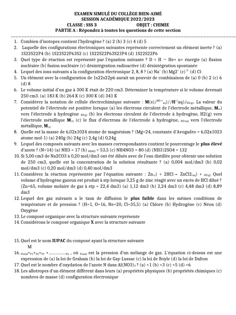 Examen de chimie SSS 3 2022/2023 | PDF | Éléments chimiques | Atomes