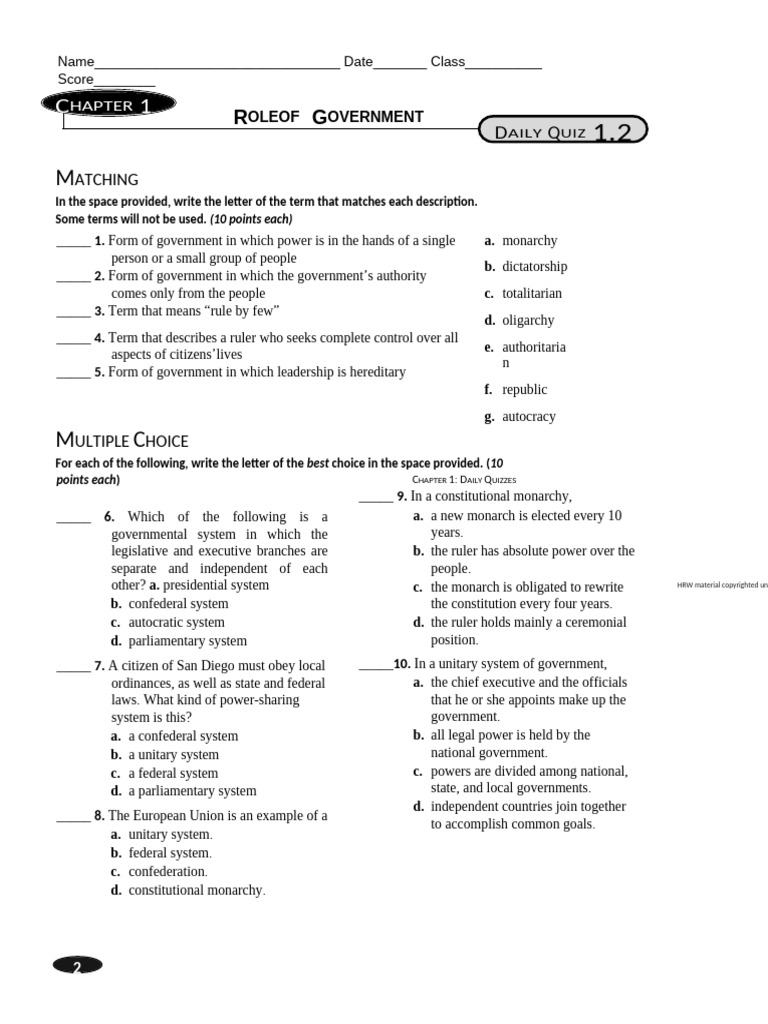 Dictatorship and Government Quiz | PDF | Government | Monarchy