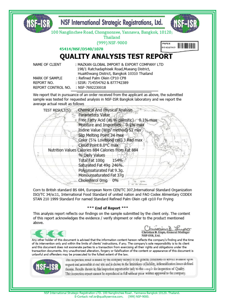 NSF Quality Analysis Certificate For Refined Palm Olein CP10 CP8 | PDF | Fat | Palm Oil