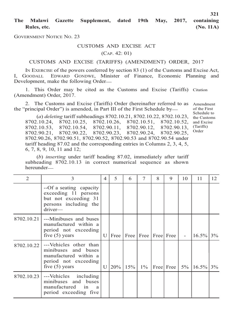 Customs and Excise Tariff (Amendment) Order 2017 | PDF | Customs ...