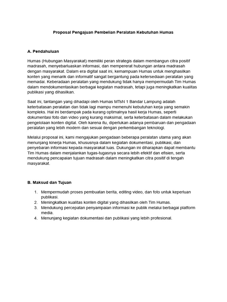 Proposal Pengajuan Pembelian Peralatan Kebutuhan Humas | PDF