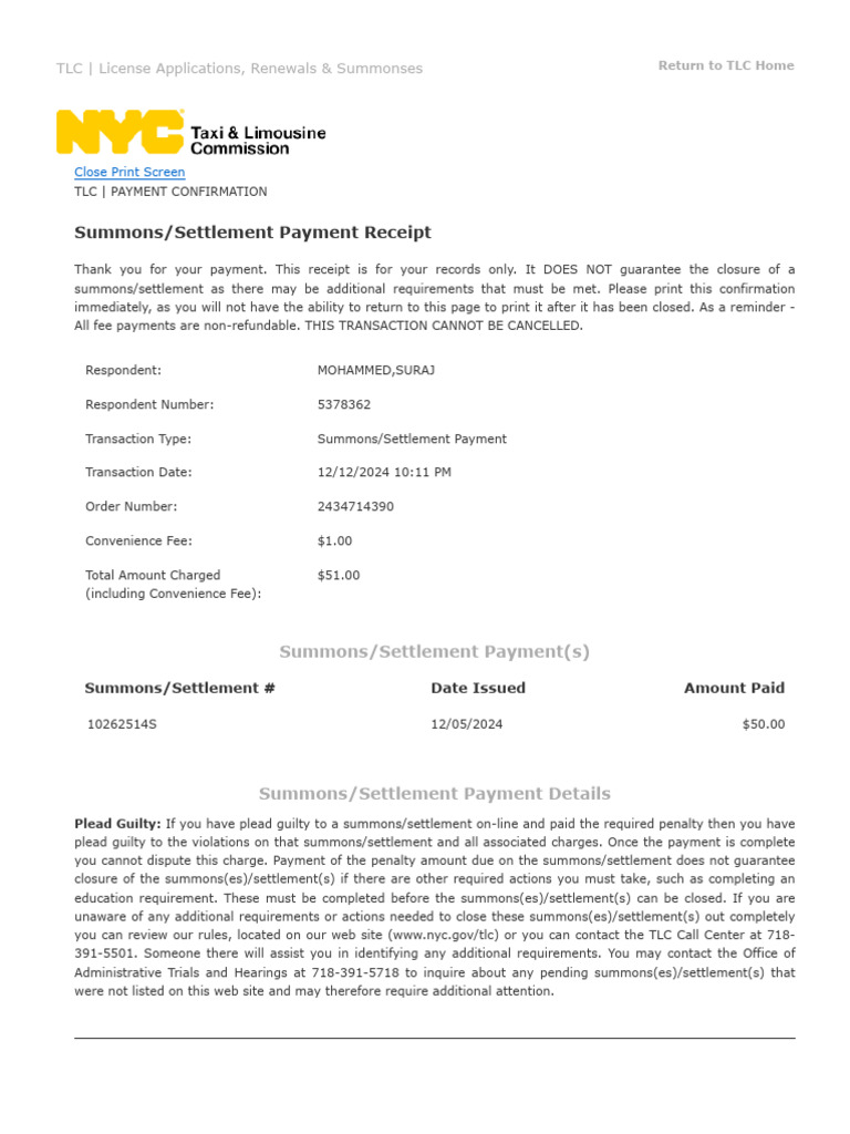 NYC Taxi & Limousine Commission | PDF | Summons | Justice