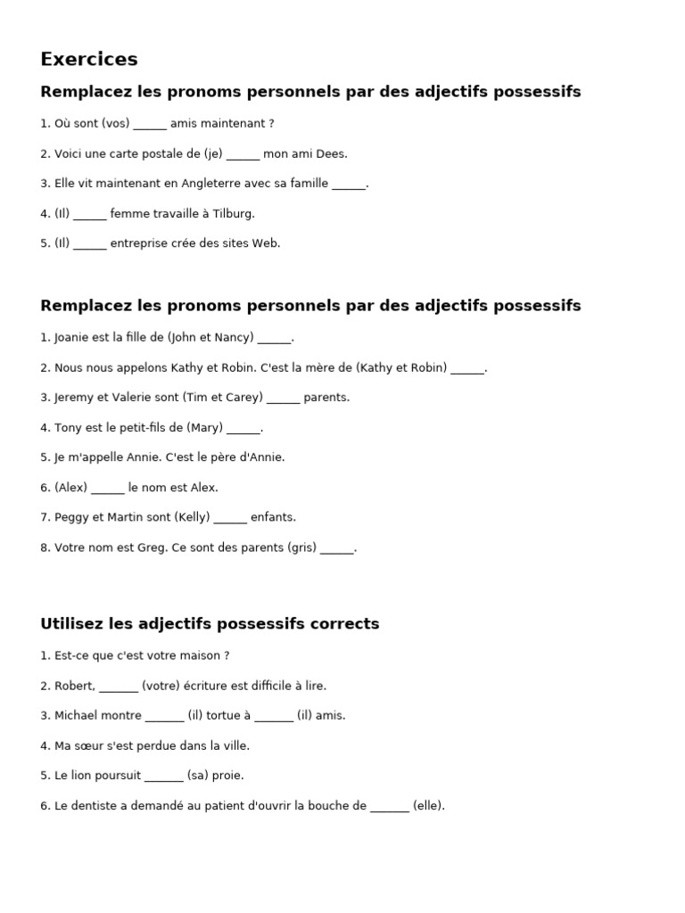 Exercices sur les adjectifs possessifs | PDF