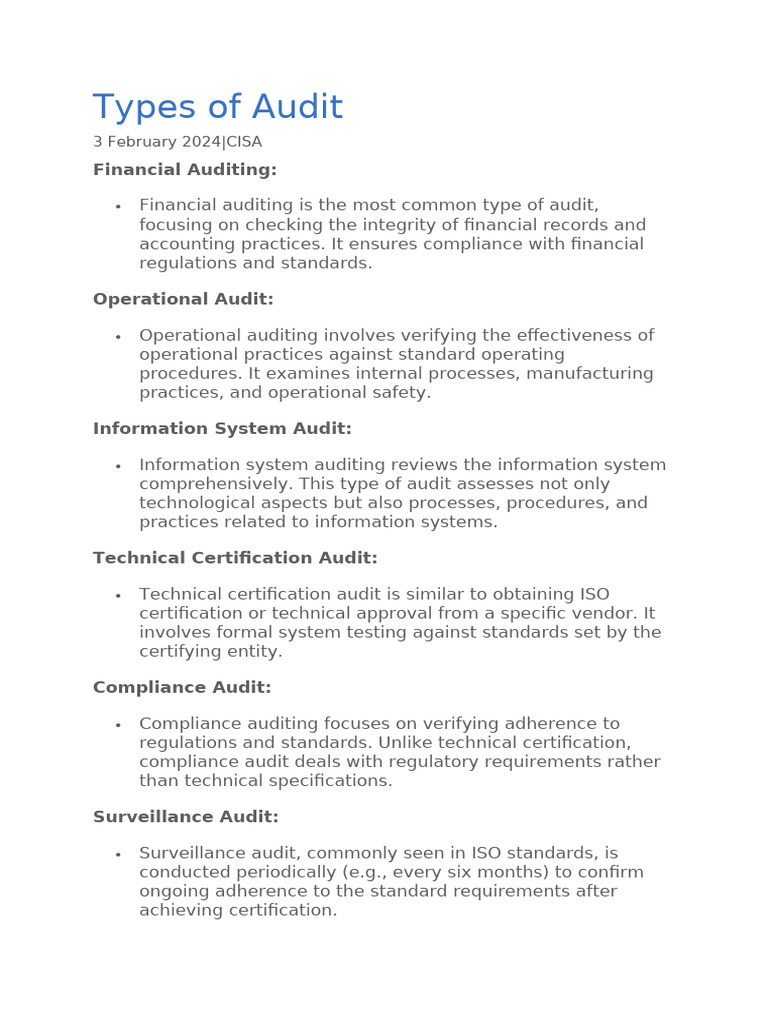 Types of Audit | PDF | Audit | Regulatory Compliance