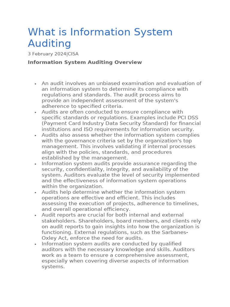 What Is Information System Auditing | PDF | Audit | Regulatory Compliance