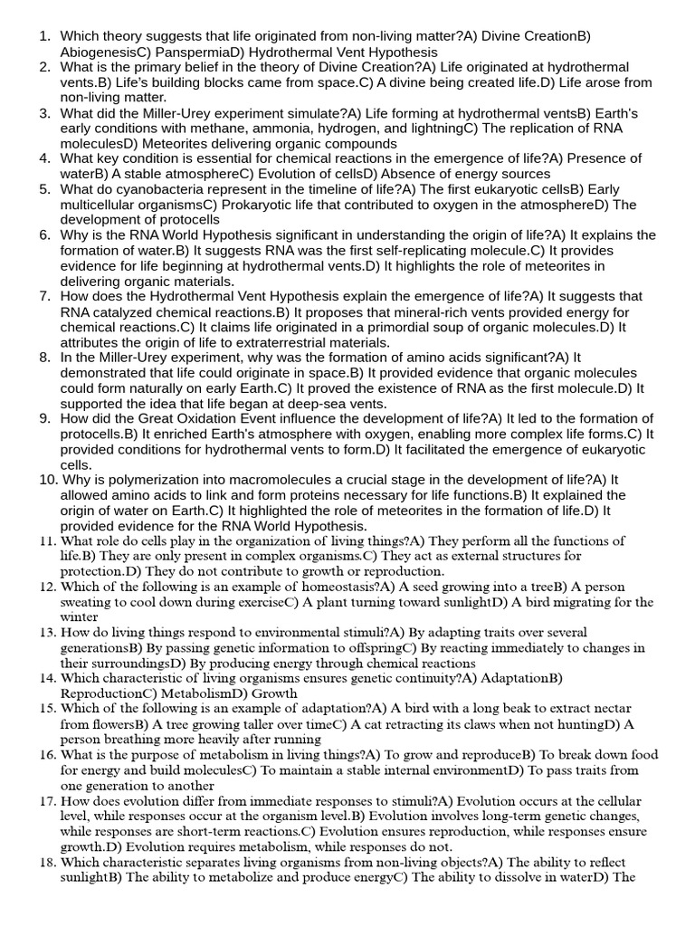 EALS.Q2-SAMPLE-QUESTIONS - Docx 20241203 073321 0000 | PDF | Abiogenesis | Cellular Respiration