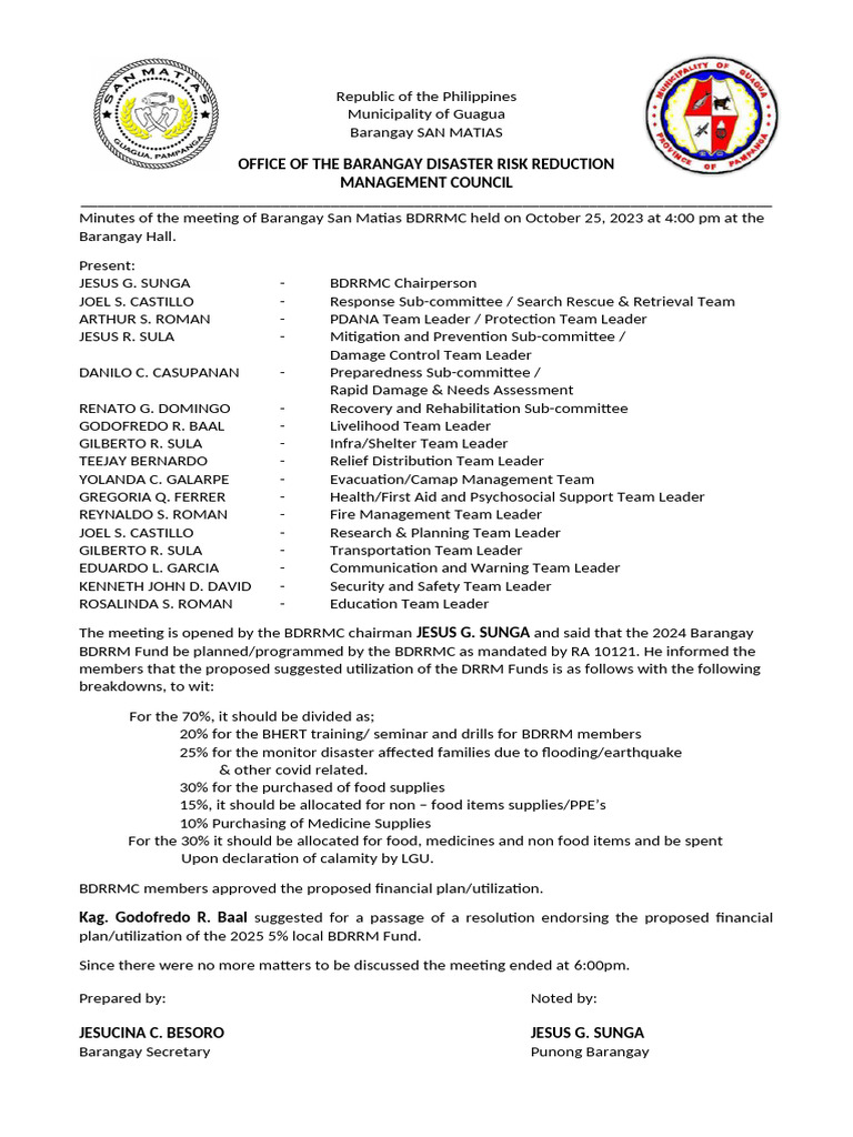 Guagua Barangay BDRRMC Meeting Minutes | PDF | Natural Disasters ...