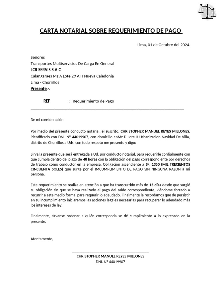 Carta Notarial Sobre Requerimiento de Pago | PDF