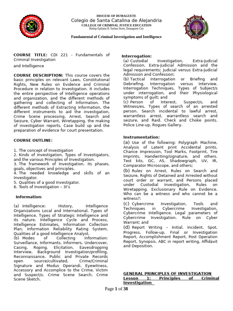 CDI 1. Fundamentals of Criminal Investigation With Intelligence | PDF | Crime Scene | Crimes