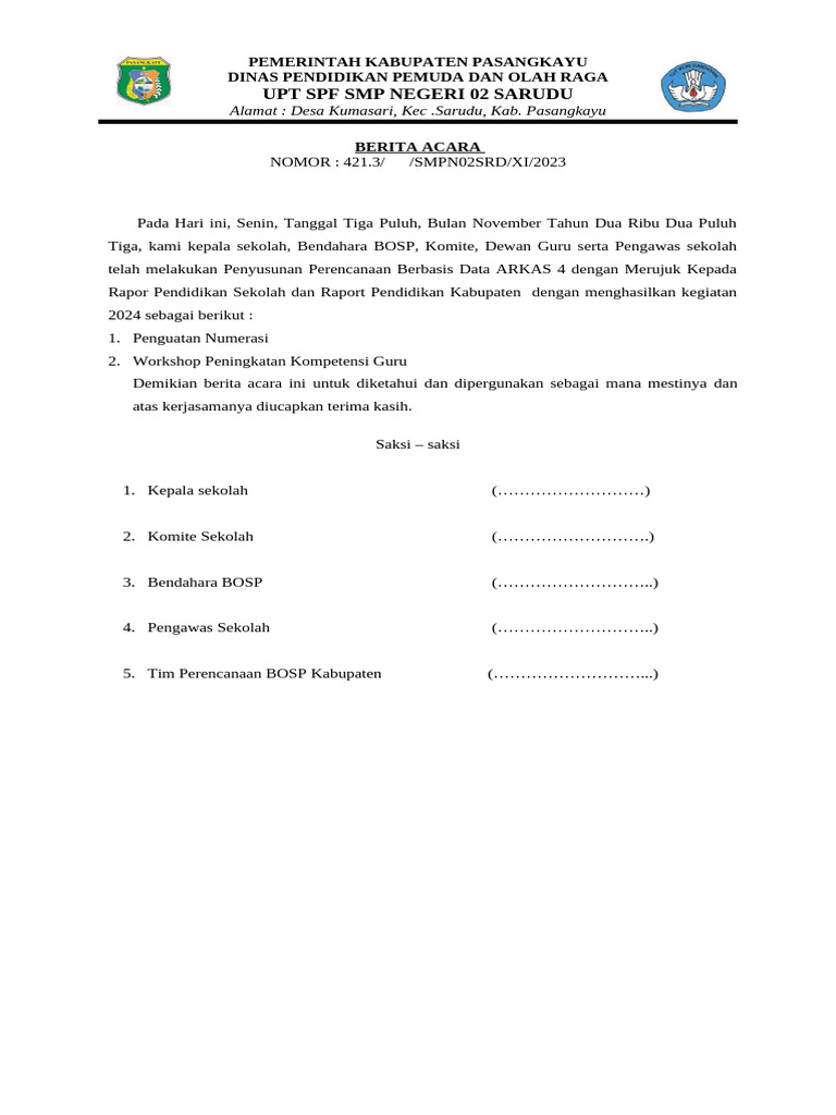 Berita Acara SMPN 02 Sarudu | PDF