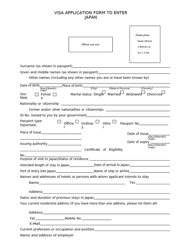 VISA APPLICATION FORM TO ENTER JAPAN | PDF | Travel Visa | Prostitution