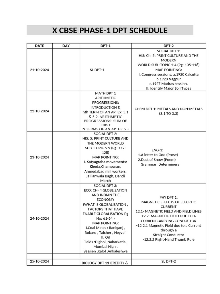X Cbse DPT Schedule 2024-25 | PDF