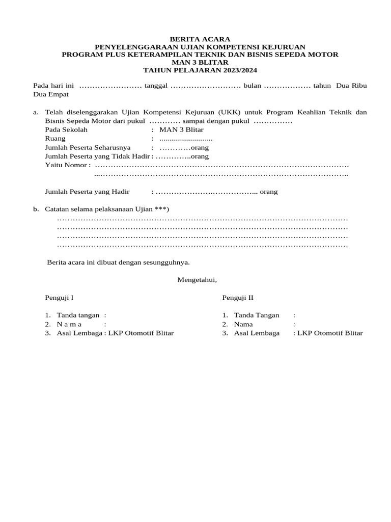 Berita Acara Dan Daftar Hadir Ukk | PDF