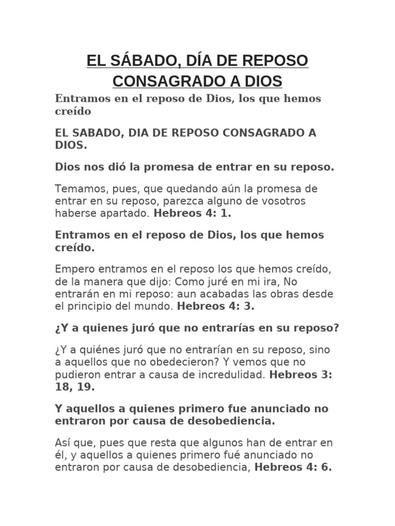 Sábado El Día De Reposo Consagrado Pdf Contenido Bíblico